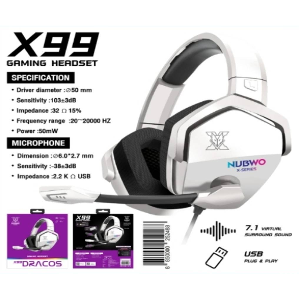 🌈หูฟังเกมมิ่ง Gaming Headset 7.1💥 NUBWO X99 รุ่น DRACOS มีสาย USB 7.1CH แยกเสียงชัดเจน สีขาว🌱 ...