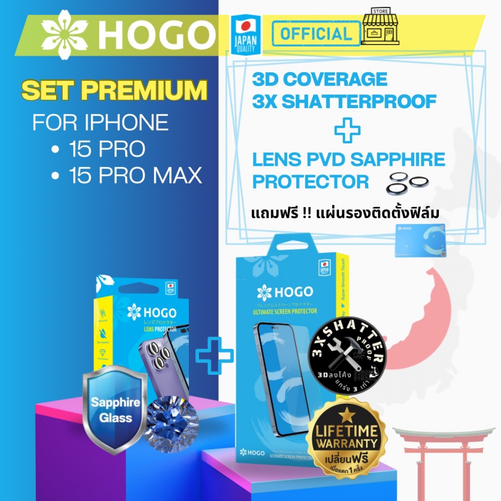ชุด กระจกนิรภัย Hogo Premium Set 3D Coverage + Lens Sapphire Protector สำหรับ iPhone 15 Pro /15 ...