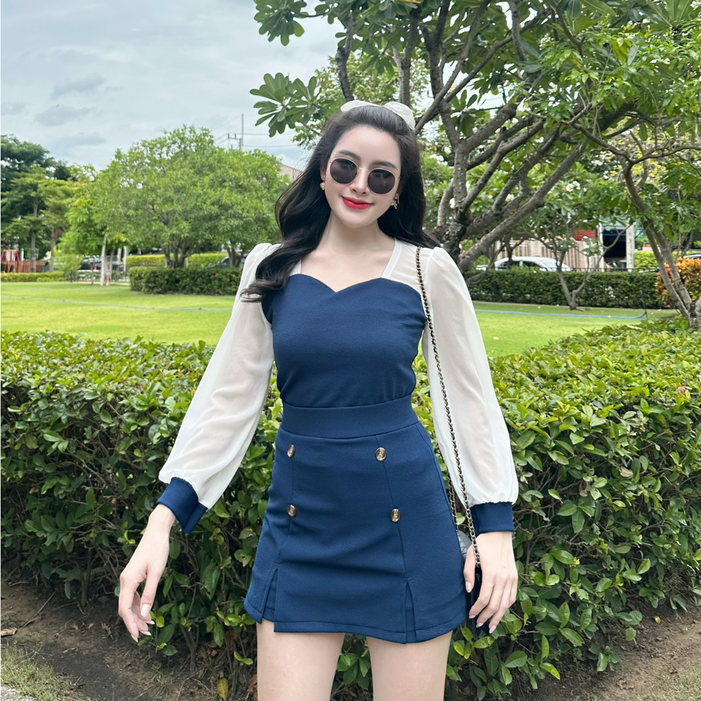 พร้อมส่ง ชุดเซตผ้าวูลเวฟ เสื้อแขนยาวผ้าซีฟองอกทรงหัวใจ+กางเกงกระโปรงแต่งกระดุมไม้ (F72,F73 ...