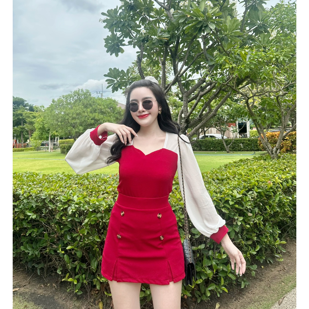 พร้อมส่ง ชุดเซตผ้าวูลเวฟ เสื้อแขนยาวผ้าซีฟองอกทรงหัวใจ+กางเกงกระโปรงแต่งกระดุมไม้ (F72,F73 ...