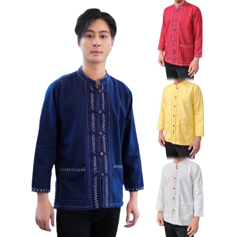 เสื้อพื้นเมืองผู้ชายคอจีนปักจักร | Shopee Thailand