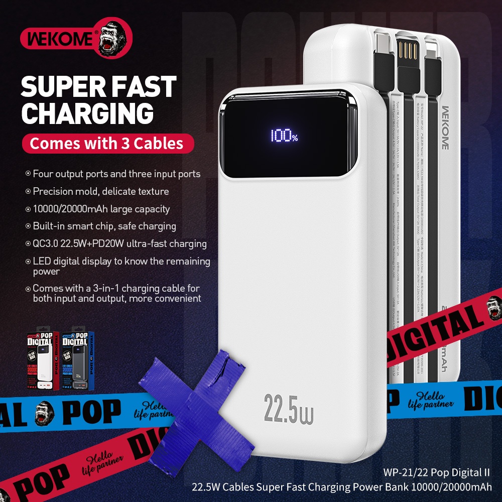 WEKOME 10000mAh/20000mAh Powerbank WP-21/WP-22 22.5W Fast Charging Built-in cable Large capacity ...