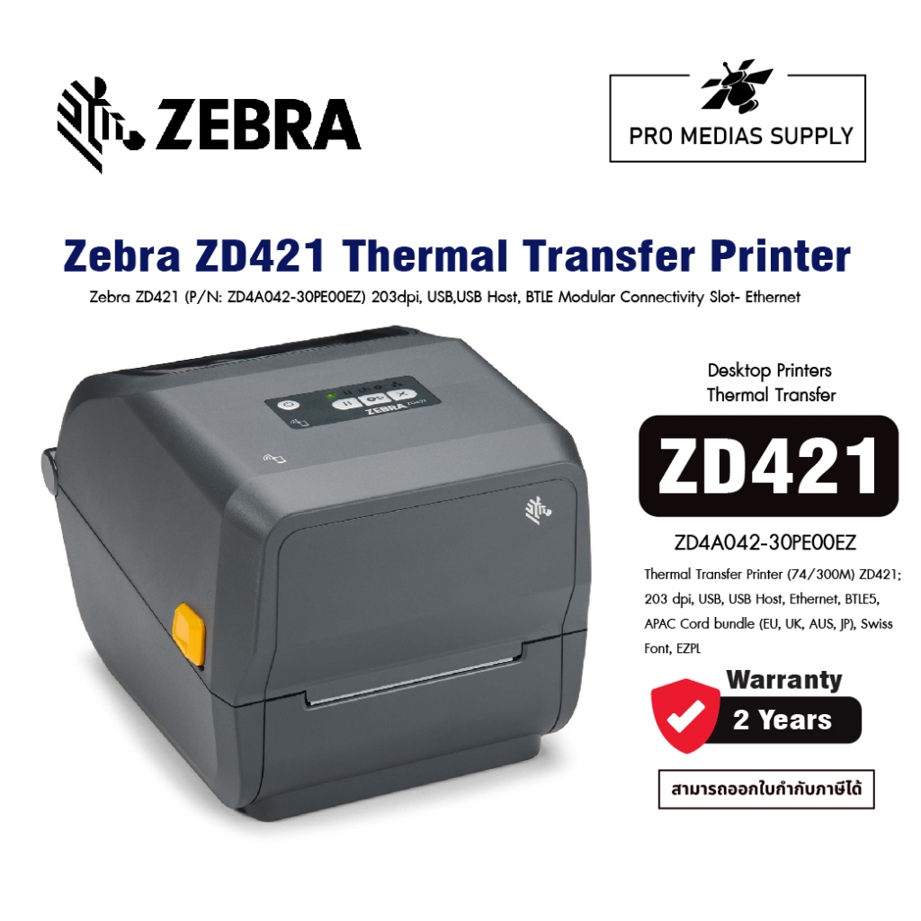 Zebra ZD421 USB/ETH Thermal Transfer Desktop Printer - ZD4A042-30PE00EZ ...