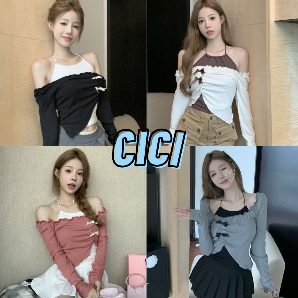 Cici(NO.J769)SET 2 ชิ้น สายเดี่ยวผูกคอ+เสื้อคลุมแขนยาว ดีเทลโบว์ตะมุตะมิน่ารักจนใจเจ็บ | Shopee ...