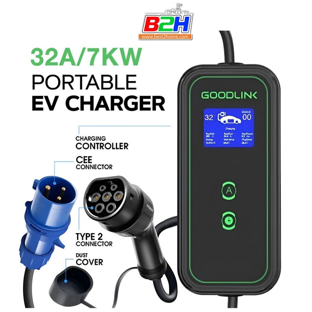 เครื่องชาร์จรถยนต์ไฟฟ้า EV GOODLINK 32A/7KW หัวปลั๊ก TYPE 2 สายยาว 5M สามารถปรับ Amp ได้ มีเบรค ...