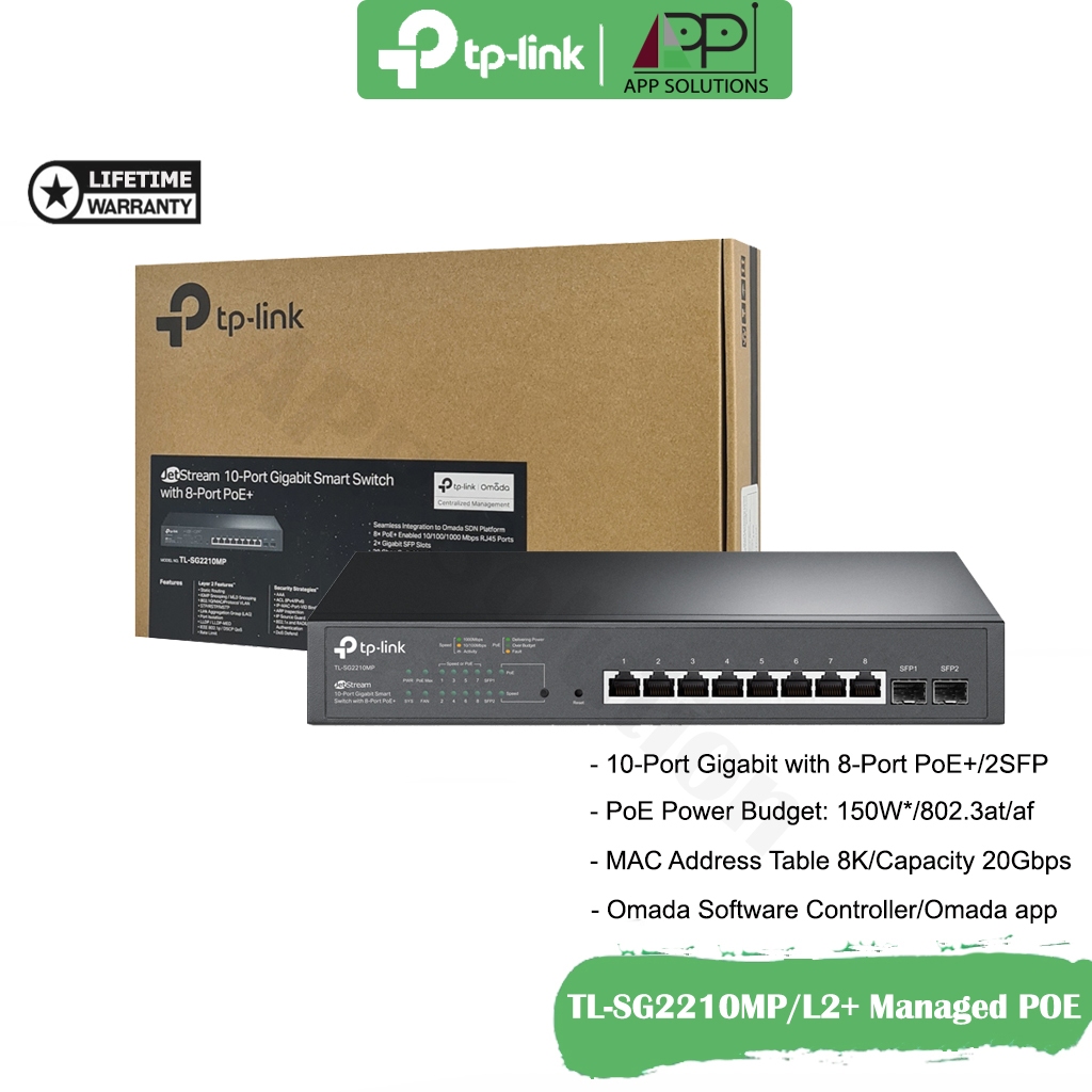 TP-LINK(สวิตซ์ฮับ)Managed L2+ Switch POE 8Port+2SFP รุ่นSG2210MP(ประกัน ...