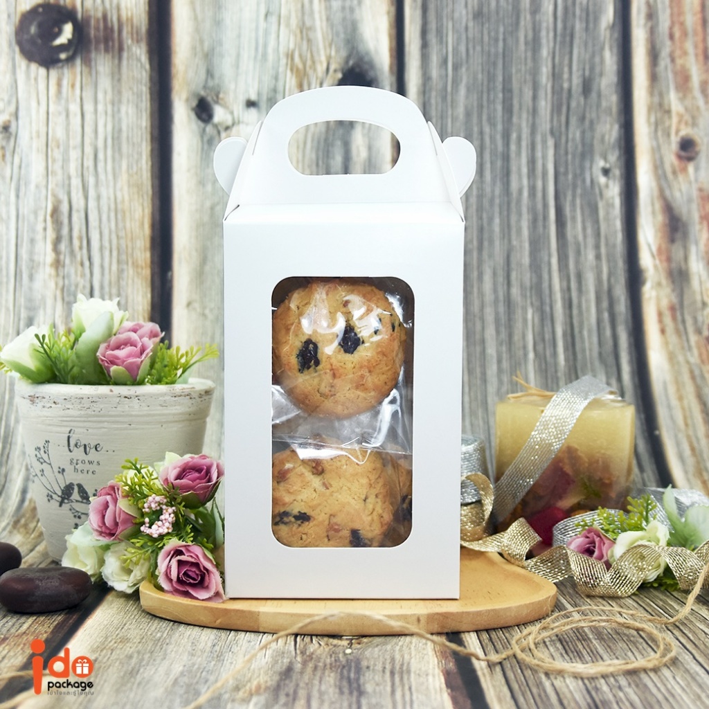 Idopackage- กล่องเบเกอรี่สีขาว แบบมีหู/เชือกหิ้ว ใส่คุกกี้ ขนมต่างๆ หลากหลายขนาด แพ็คละ 10 ใบ ...