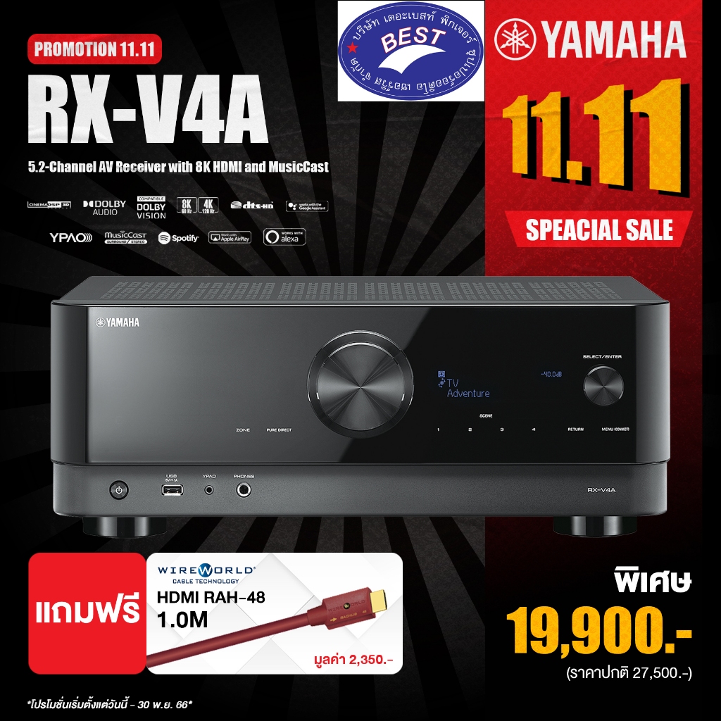 Yamaha RX-V4A 5.2-Channel AV Receiver with 8K HDMI and MusicCast ...