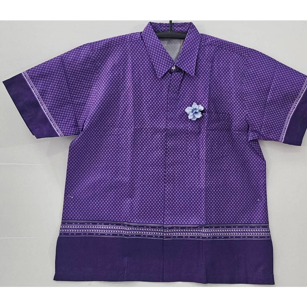 เสื้อเชิ๊ต อัดกาว สีม่วง ลายสุโขทัย อก 54 | Shopee Thailand