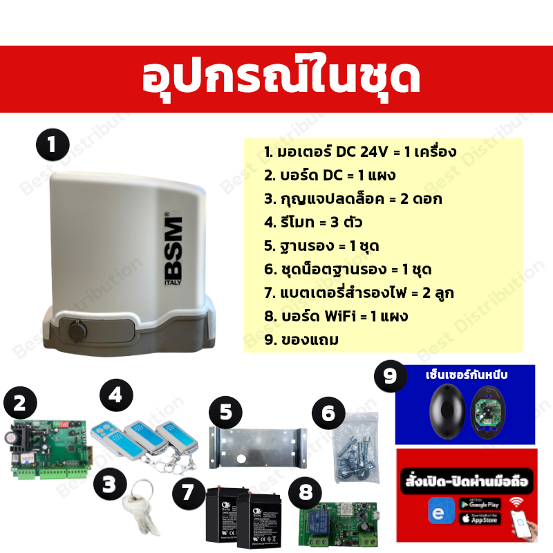 BSM DC มอเตอร์ประตูรีโมท รองรับน้ำหนักประตูได้ถึง 1000 กก. มีแบตสำรองใน ...