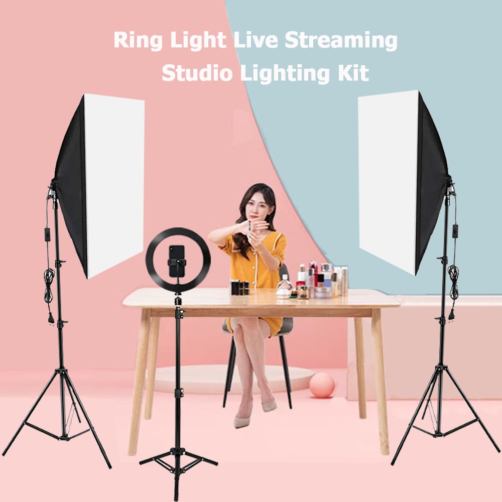 ไลฟ์สด Ring Light & 85W/300W ไฟถ่ายรูป ไฟไลฟ์สด ไฟสตูดิโอ 50x70cm Softbox Studio Lighting Kit ...