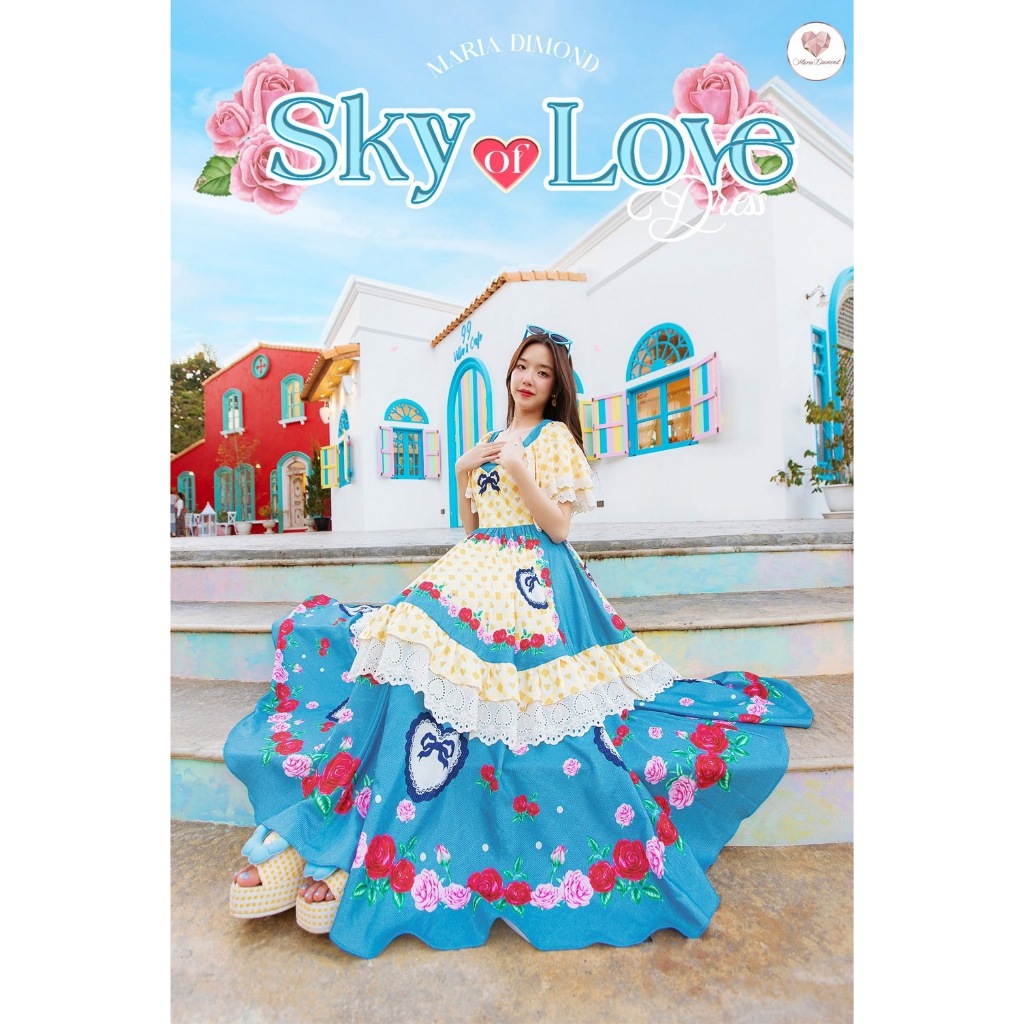 (มีถึง 2XL) Sky of Love Dress Maria Diamond เดรสผ้าไหมเกาหลีพิมพ์ลาย โทนสีสวยสดใสโดดเด่น ผ้าเบา ...