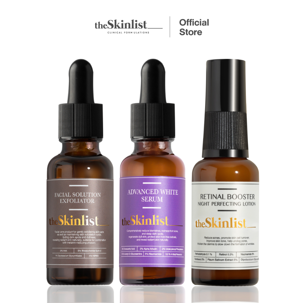 SET ฝ้า ริ้วรอย รูขุมขน The Skinlist Advanced White Serum + Facial Solution Exfoliator + Retinal ...