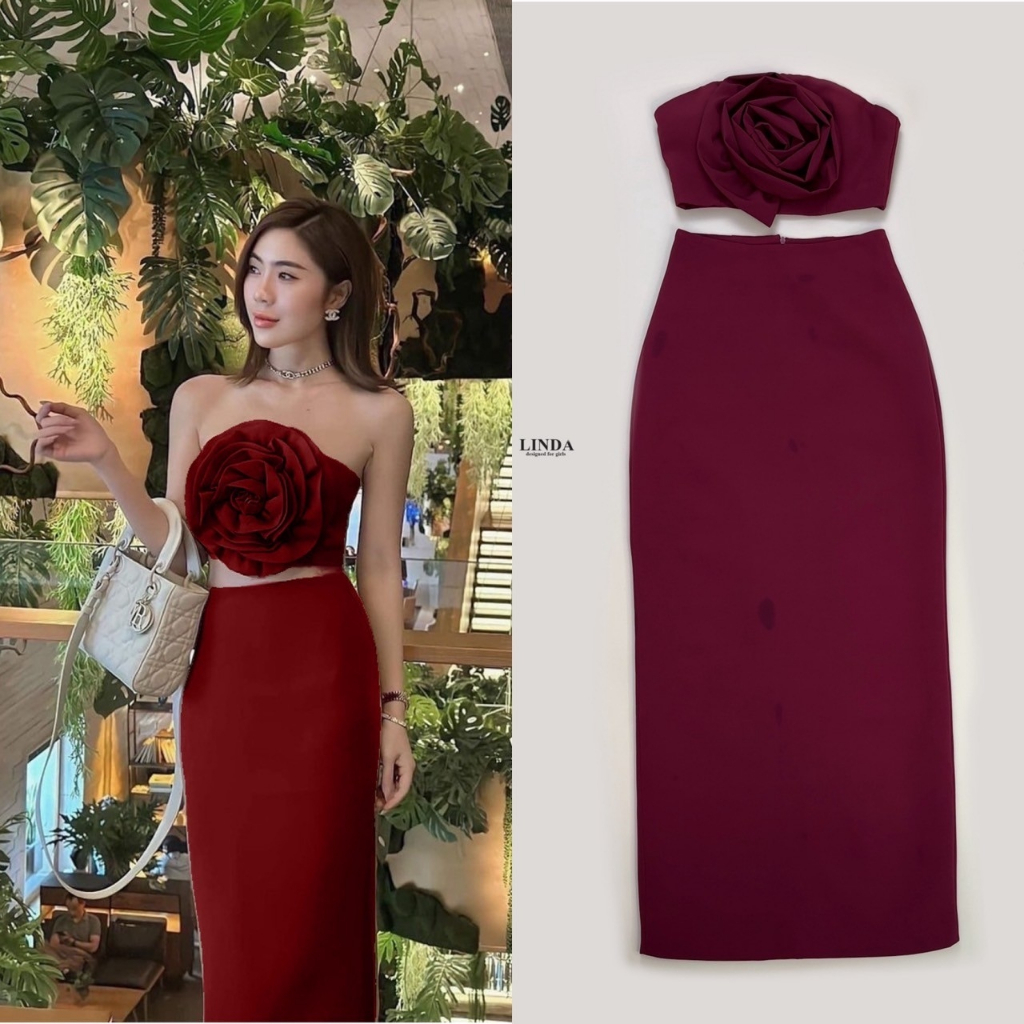 LINDA set เสื้อกระโปรง สีแดงเลือดหมู(*สอบถามสต๊อกก่อนกดสั่งน๊า ...