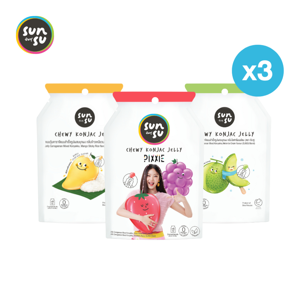(แพ็ก 3 รวมรส) Sunsu Mixed Set ซันซุ ขนมเยลลี่ รวมรส 3 ซอง รสสตรอว์เบอรี่องุ่น, รสไอศกรีมเมล่อน ...