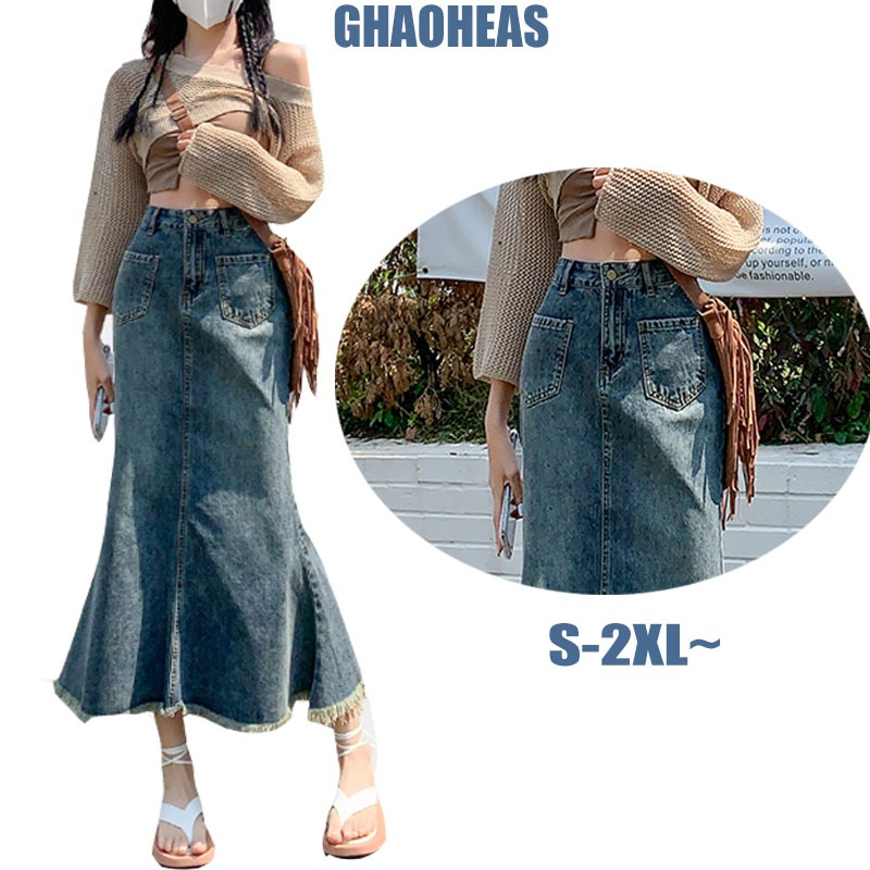 GHAOHES 🌼 กระโปรงยาวยีนส์ หางปลา มีกระเป๋า กระโปรงยีนส์ | Shopee Thailand