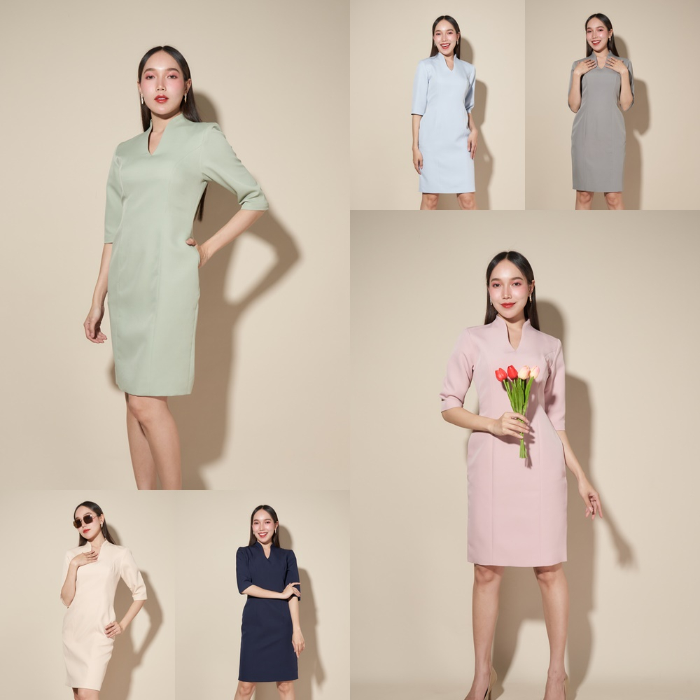 [ส่งฟรี] Miss Office (Best Seller) เดรสคอวี แขนสี่ส่วน ทรงดินสอ( MD-075) | Shopee Thailand
