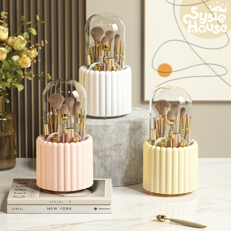 Sysie House กล่องเก็บแปรงแต่งหน้า มีฝาปิด ที่ใส่แปรงแต่งหน้า หมุนได้ ...