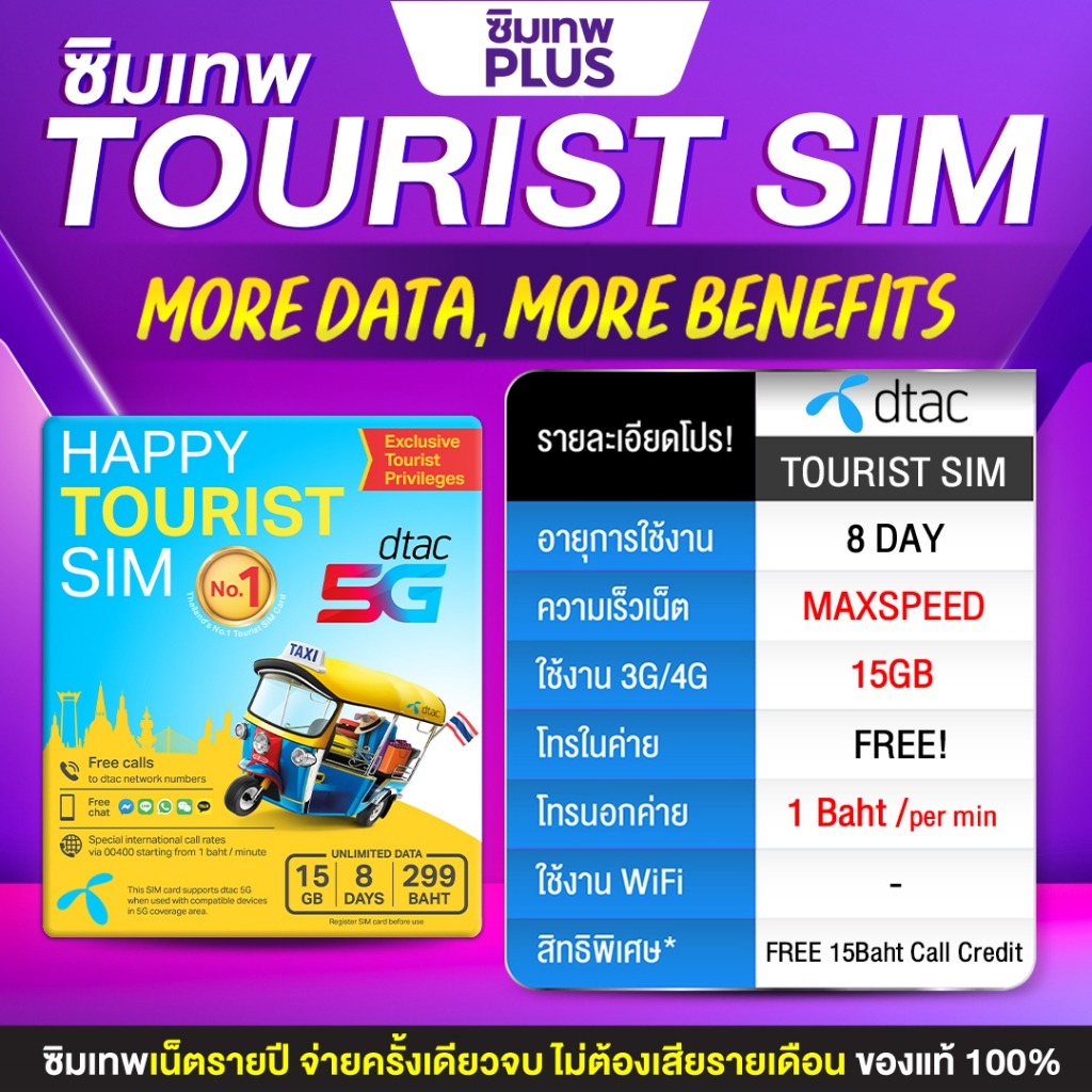 Sim Dtac Happy Tourist ซิมสำหรับนักท่องเที่ยวในไทย ความเร็วสูงสุด 100Mbpsเน็ต 15GB | Shopee Thailand
