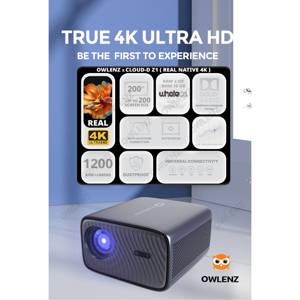 [พร้อมส่ง][NEW]โปรเจคเตอร์ OWLENZ X Cloud-D Z1 ภาพ 4K แท้ Real-Native 4K แท้ สว่าง 1200 ANSI Ram ...