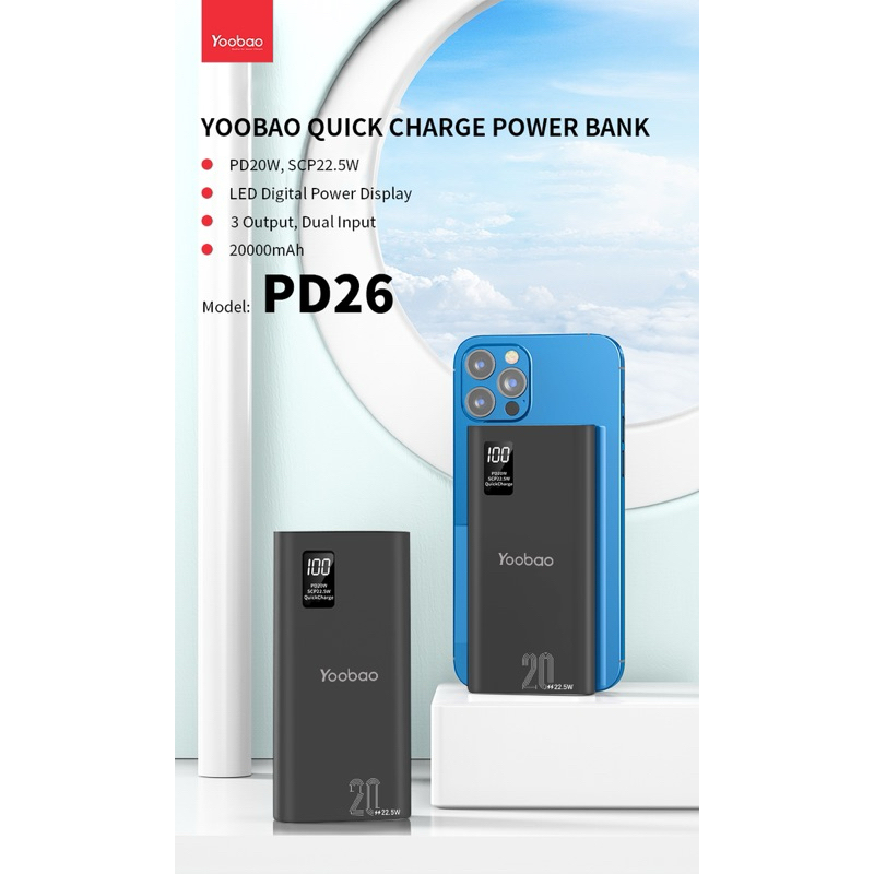 Yoobao PD26 Powerbank ความจุ 20000mAh Fast Charge/QC/PD20W สีดำ | Shopee Thailand