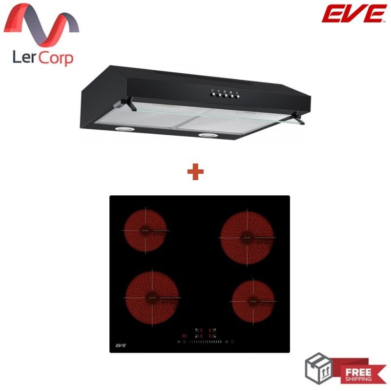 (Eve) เตาเซรามิค เตาไฟฟ้าเซรามิค 4 หัว แบบฝัง HB60-4CEM/SC + เครื่องดูดควันแบบมาตรฐาน HF-BK102AT ...