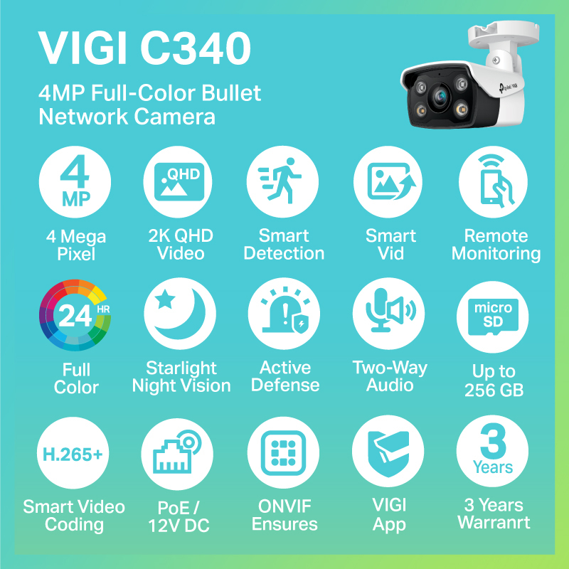 TP-Link VIGI C340/ C340-W Wi-Fi VIGI 4MP Outdoor Full-Color Bullet ...