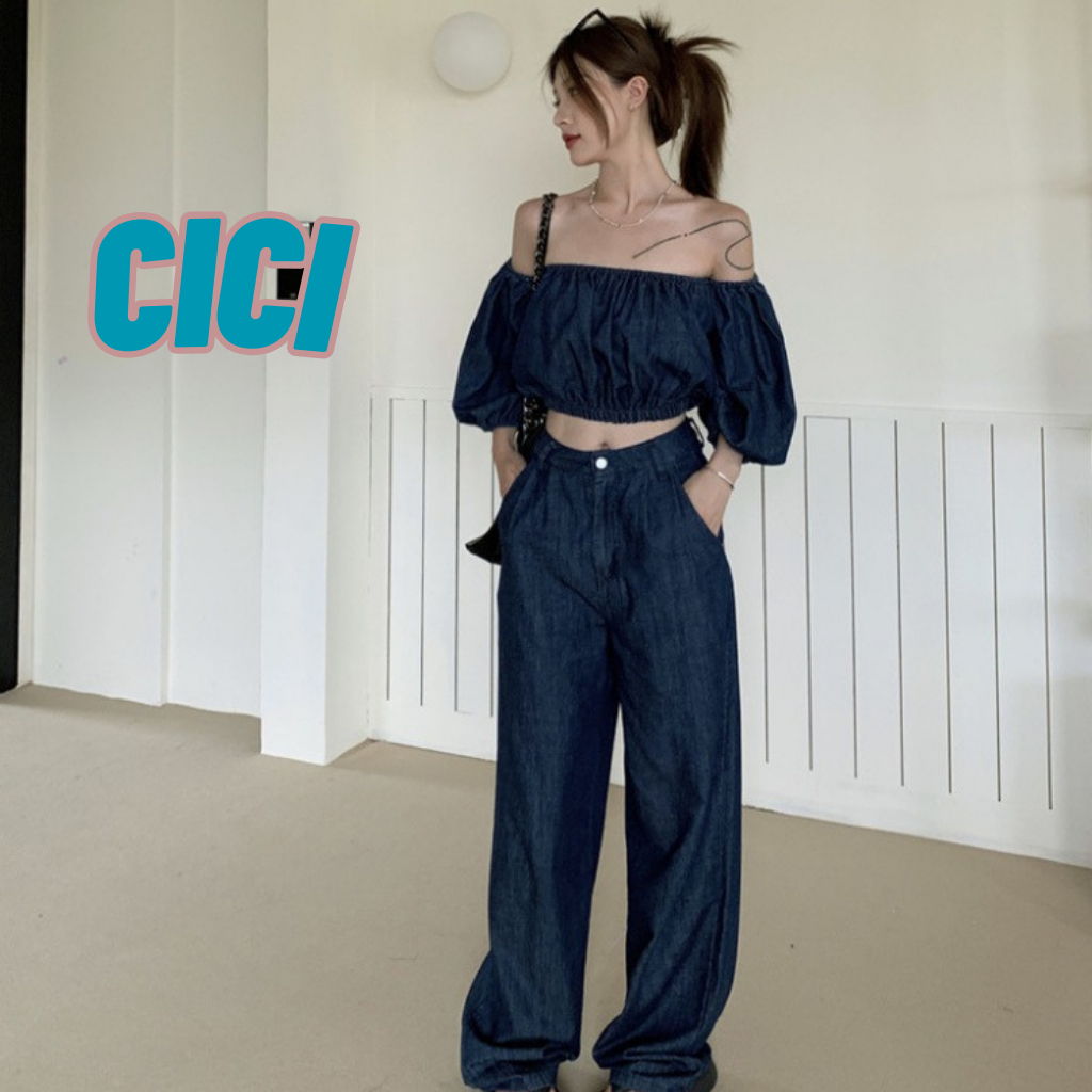 Cici(NO.3210)SET2ชิ้น เสื้อปาดไหล่สม็อกรอบตัว+กางเกงขายาวสม็อกหลัง ผ้ายีนส์ ทรงสวย สไตล์เกาหลี ...
