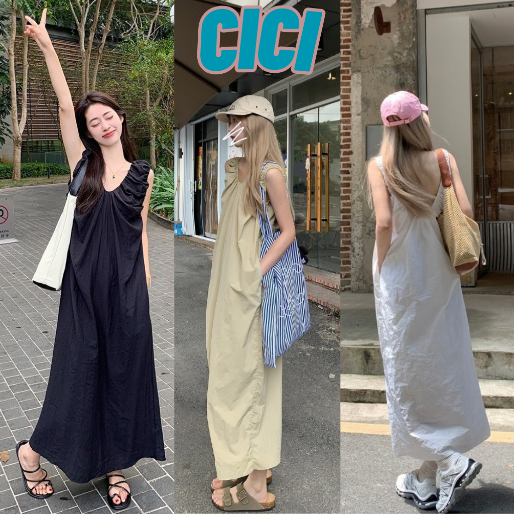 Cici(NO.3211)ชุดเดรสยาว ผ้าคอตตอน จั๊มช่วงอก ใส่สบาย มีกระเป๋าด้านข้าง สไตล์เกาหลี | Shopee Thailand