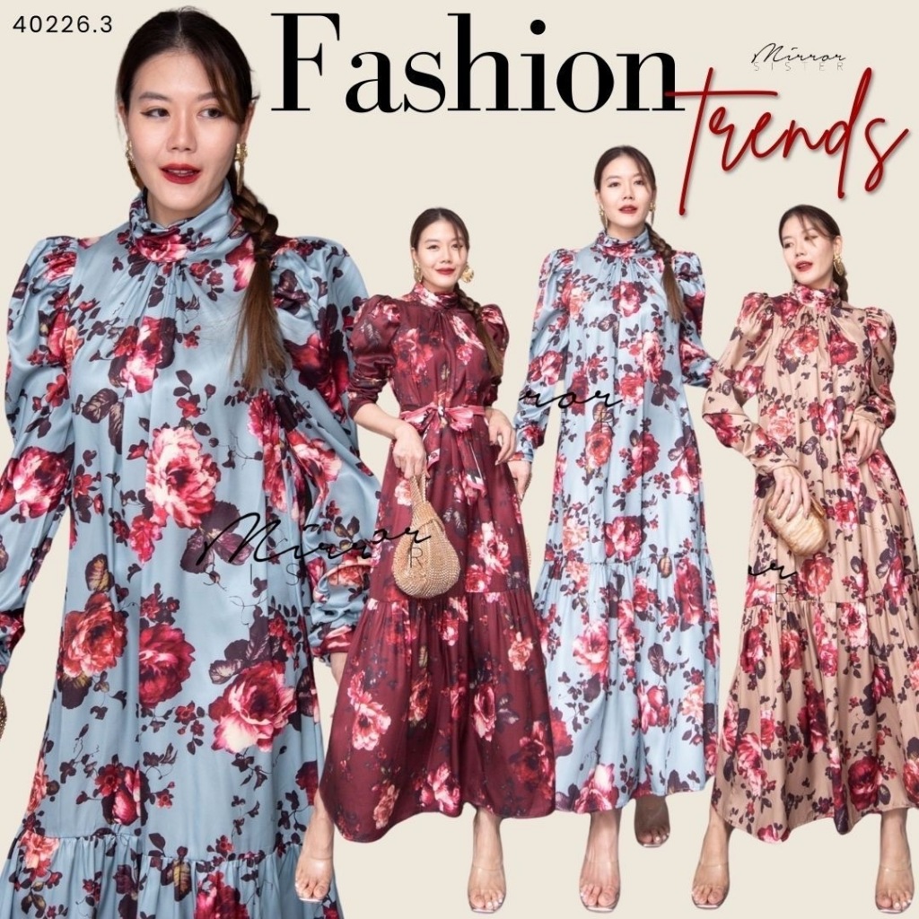 Issakan_shop แมกซี่เดรสลายดอกไม้สไตล์วินเทจ คอปีน กระโปรงยาว | Shopee ...