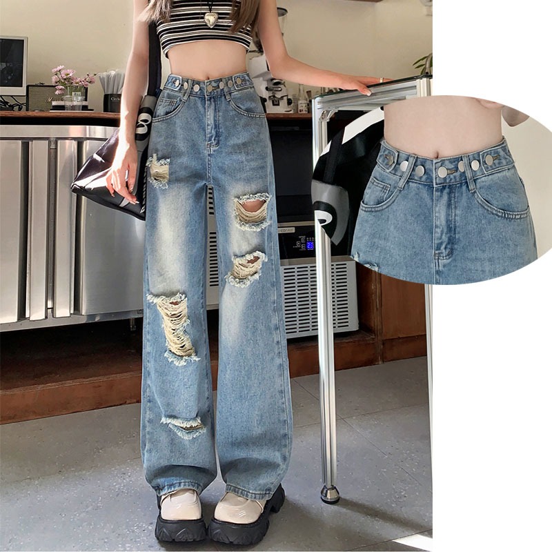 GHAOHESกางเกงยีนส์ขาดS-5XLเอวสูง ประเภทรุ่นหลวม กระชับหน้าท้องและดูเรียวขึ้น กางเกงยีนส์y2k ...