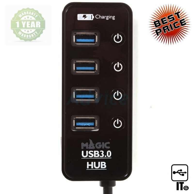 4 Port USB HUB v3.0 + USB Charger 1P MAGITECH MT-26 (Black) ประกัน 1Y ยูเอสบีฮับ USB HUB With ...