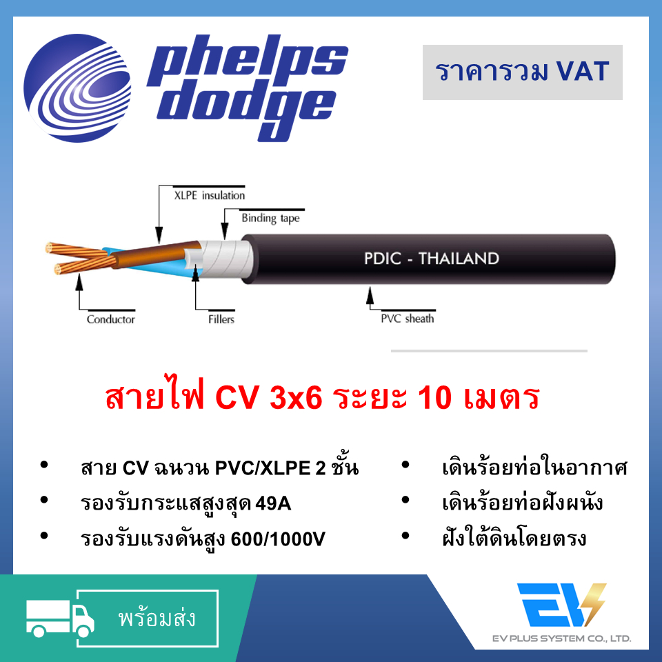 สายไฟ CV-FD 3x10 ม้วน 10 เมตร [PD] เฟ้ลปส์ ดอด์จ แบ่งขาย 3 Core ออก ...