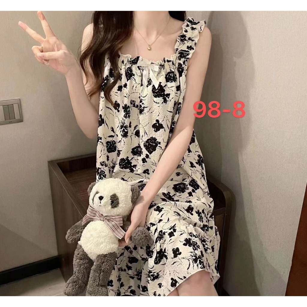 98-1ส่งจากไทย--ชุดนอนกระโปรงผู้หญิง มีฟองน้ำ พอมลาย เนื้อผ้าฝ้าย ใส่สบาย | Shopee Thailand