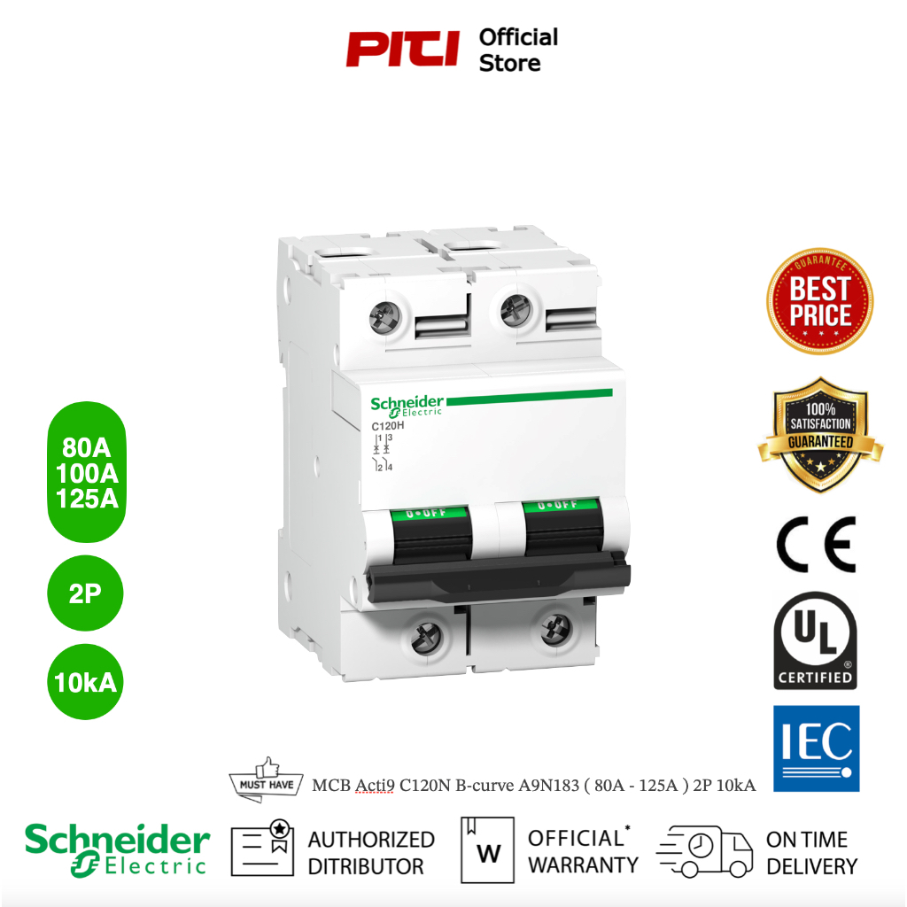Schneider MCB A9N18345 80A 2P C120N B-curve Acti9 Miniature Circuit ...