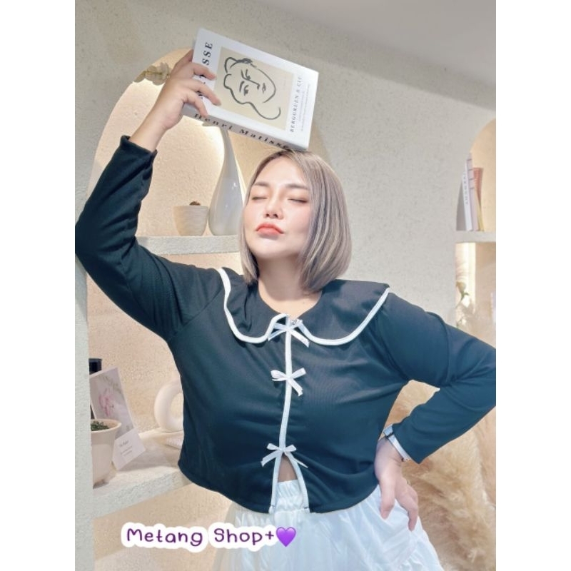 เสื้อครอปแขนยาวน่ารักๆ สไตล์มินิมอล อก38-52" ผ้าร่องยืด สาวอวบอ้วนใส่เที่ยว Bigsize/Plussize ...