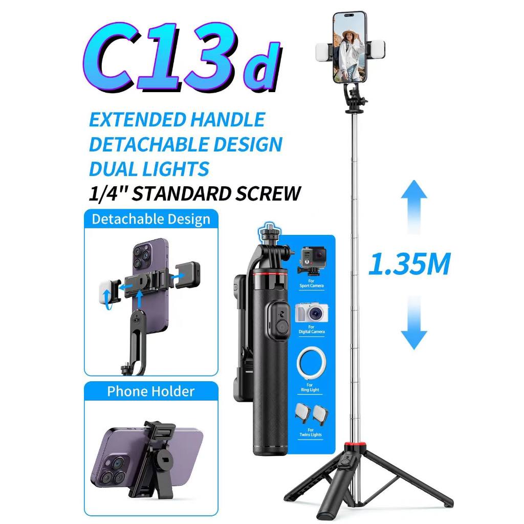 ไม้เซลฟี่มาไหม่ล่าสุด รุ่น C13dพร้อมขาตั้งอัจฉริยะพร้อมไฟLED พร้อม รีโม ...