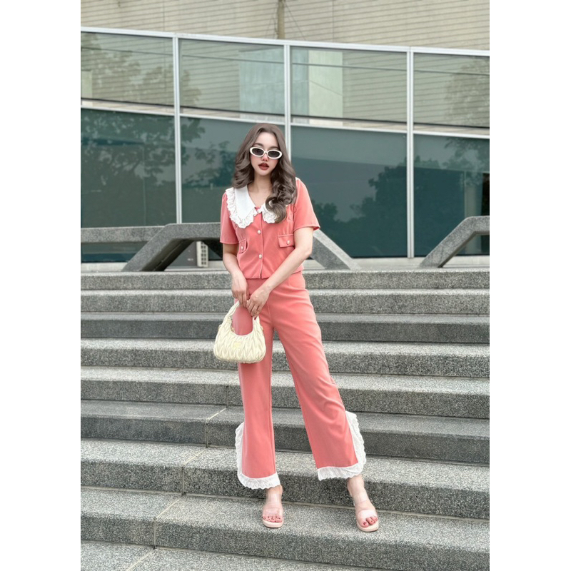 A224 ชุดเซตขายาวสีชมพูปกลูกไม้ขาวผ้ากำมะหยี่ | Shopee Thailand