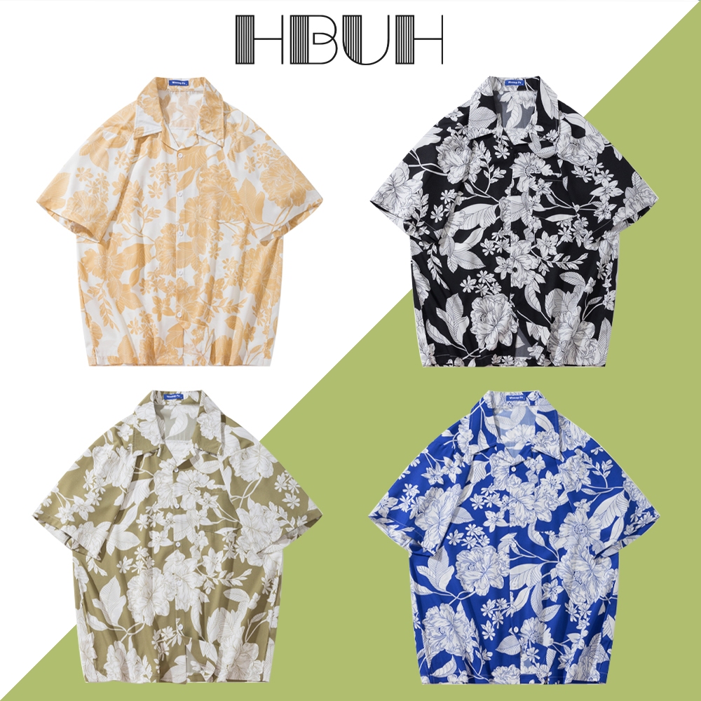 HBUH เสื้อฮาวาย เสื้อเชิ้ต สงกรานต์ ลายดอก พื้นดำ พื้นขาย สงกรานต์ แบบ ...