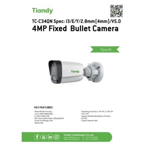 กล้องวงจรปิด Tiandy TC-C34QN Spec:I3/E/Y/2.8mm/V5.0 | Shopee Thailand