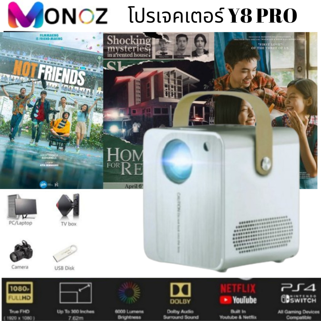 MONOZ Projector Y8 Pro มินิโปรเจ็กเตอร์แบบพกพา 4K ultra HD หน้าจอขนาด ...