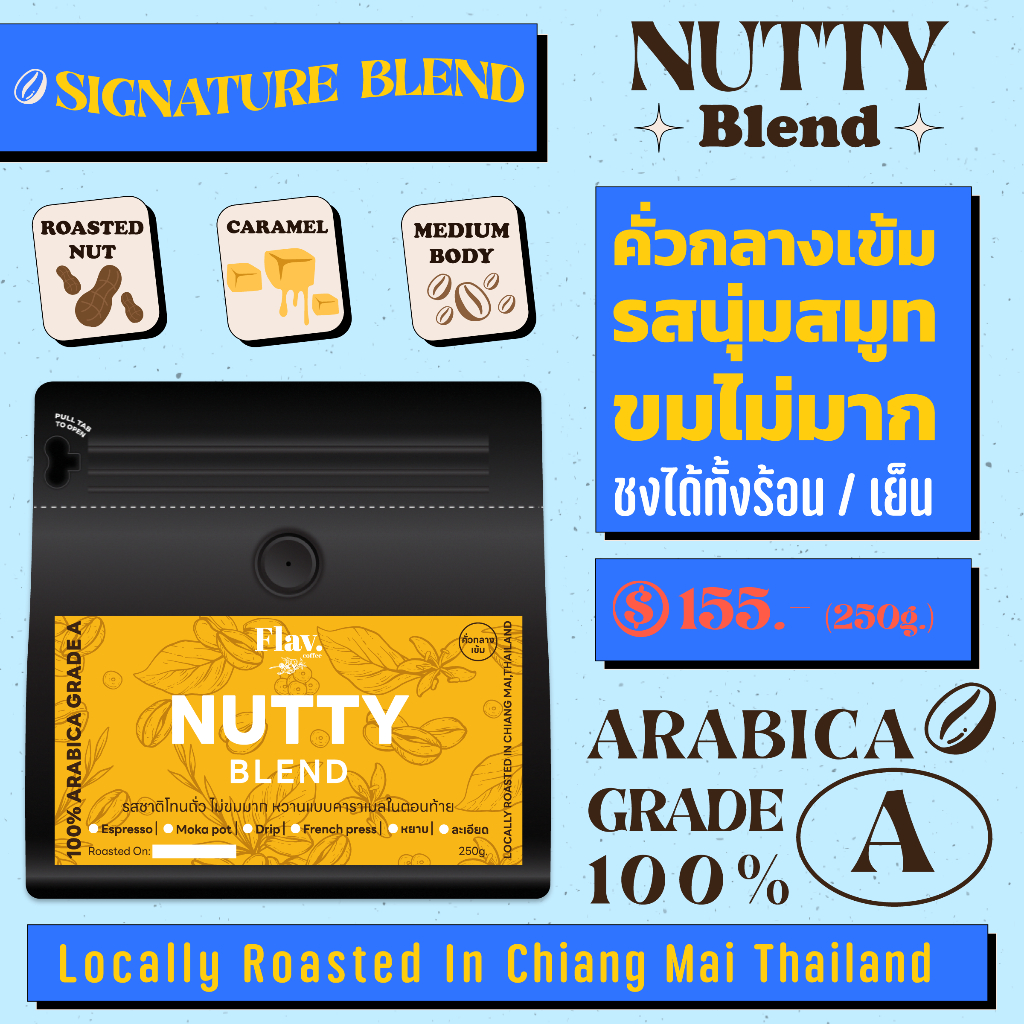 📌NUTTY BLEND คั่วกลางเข้ม 📌 🌟กลิ่นหอม รสนุ่ม ดื่มง่าย รสชาติโทนถั่ว 🌟 อราบิก้าแท้ 1,000,000% ...