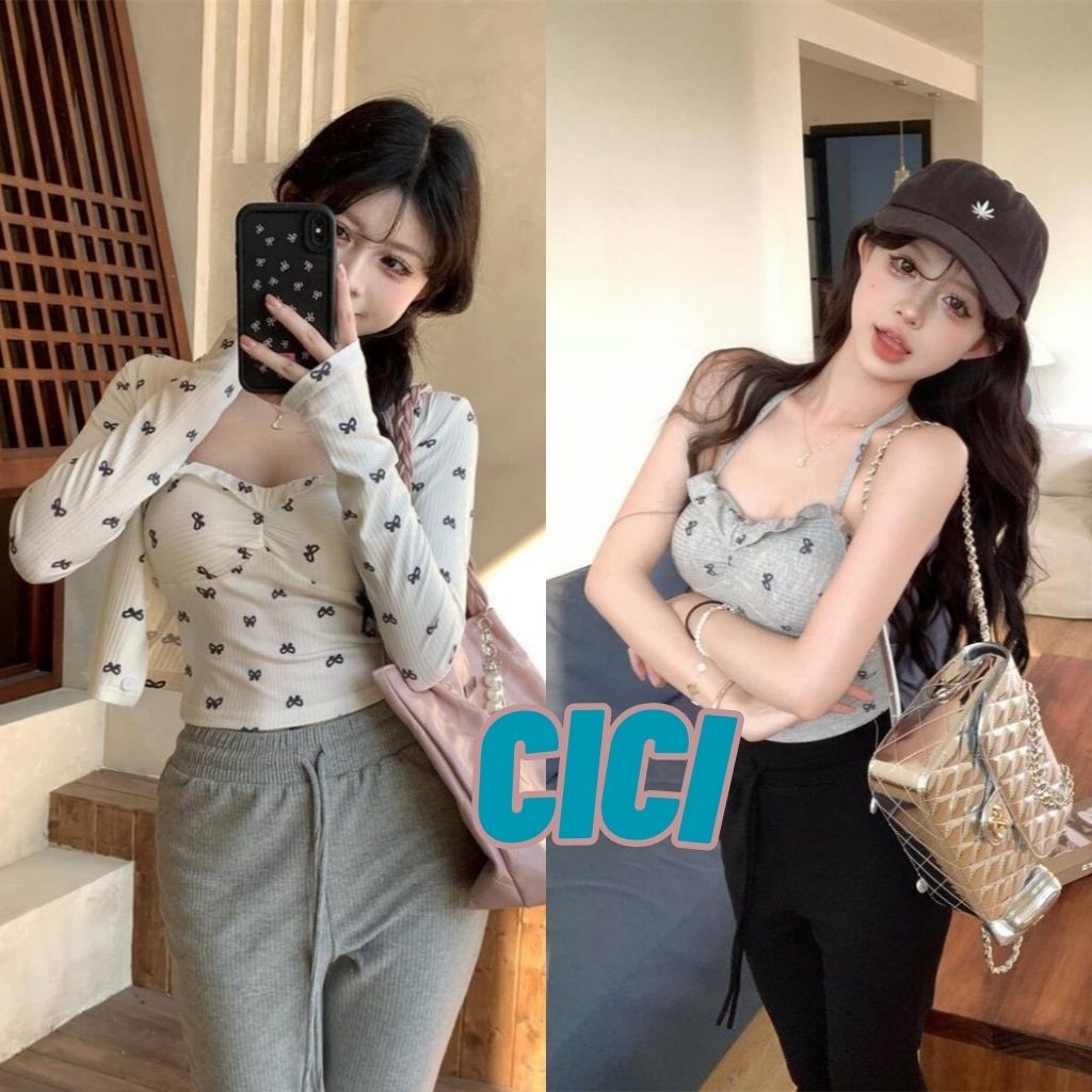 Cici(NO. J1005)set 2 ชิ้น สายเดี่ยวคล้องคอ detail แต่งลายโบว์มีฟองน้ำให้ในตัวพร้อมเสื้อคลุมแขน ...