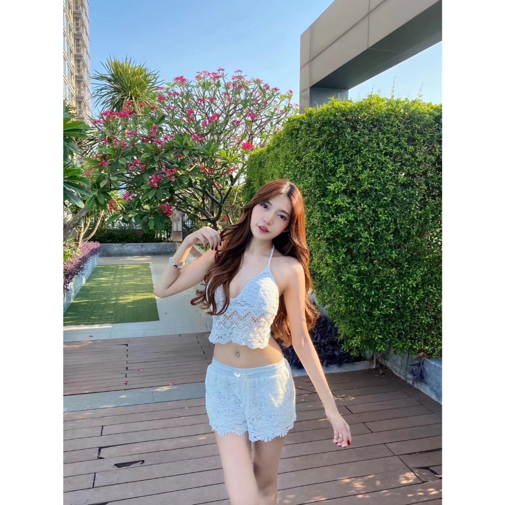 Cicishop(TZ601)set2ชิ้น ชุดถัก บราผูกคอโชว์หลัง+กางเกงขาสั้น มีฟองน้ำในตัว เหมาะสำหรับหน้าร้อน ...