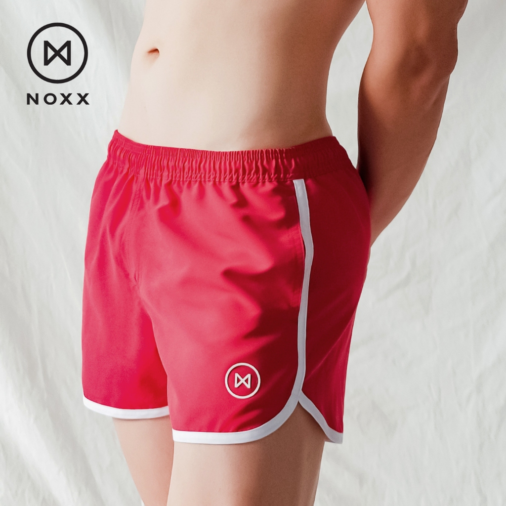Noxx Swim Trunks: กางเกงว่ายน้ำ ขาสั้น แบบทรังค์ สีแดง กุ๊นสีขาว | Shopee Thailand
