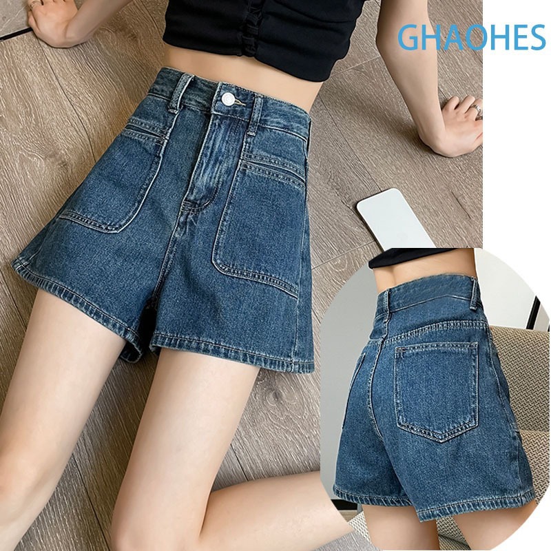 GHAOHES กางเกงยีนส์ขาสั้น เอวสูง S-5XLวินเทจ สีน้ำเงิน เก็บพุง น่ารัก เหมาะสำหรับกางเกงขาสั้นสาว ...