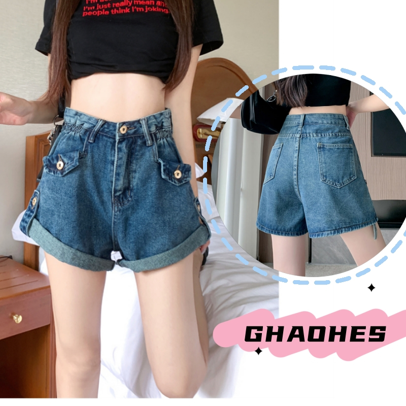 GHAOHES กางเกงยีนขาสั้น ผญ ยีนส์ พลัสไซซ์ ทรงหลวมสำหรับสาวอวบ พับขา เอวสูง สไตล์เกาหลี Y2K ...
