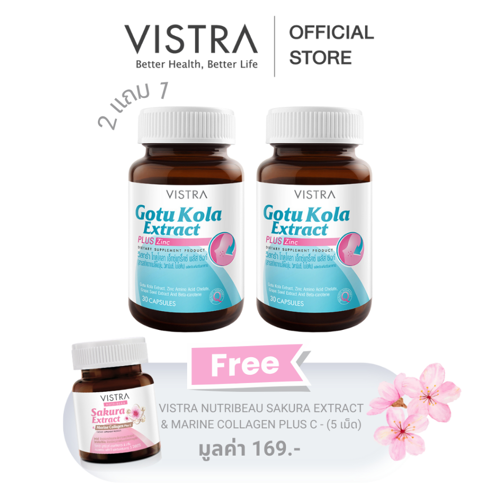 [ซื้อ 2 แถม 1] VISTRA GOTU KOLA EXTRACT PLUS ZINC 30 CAPS 16.5 กรัม สารสกัดจากใบบัวบก + Free ...