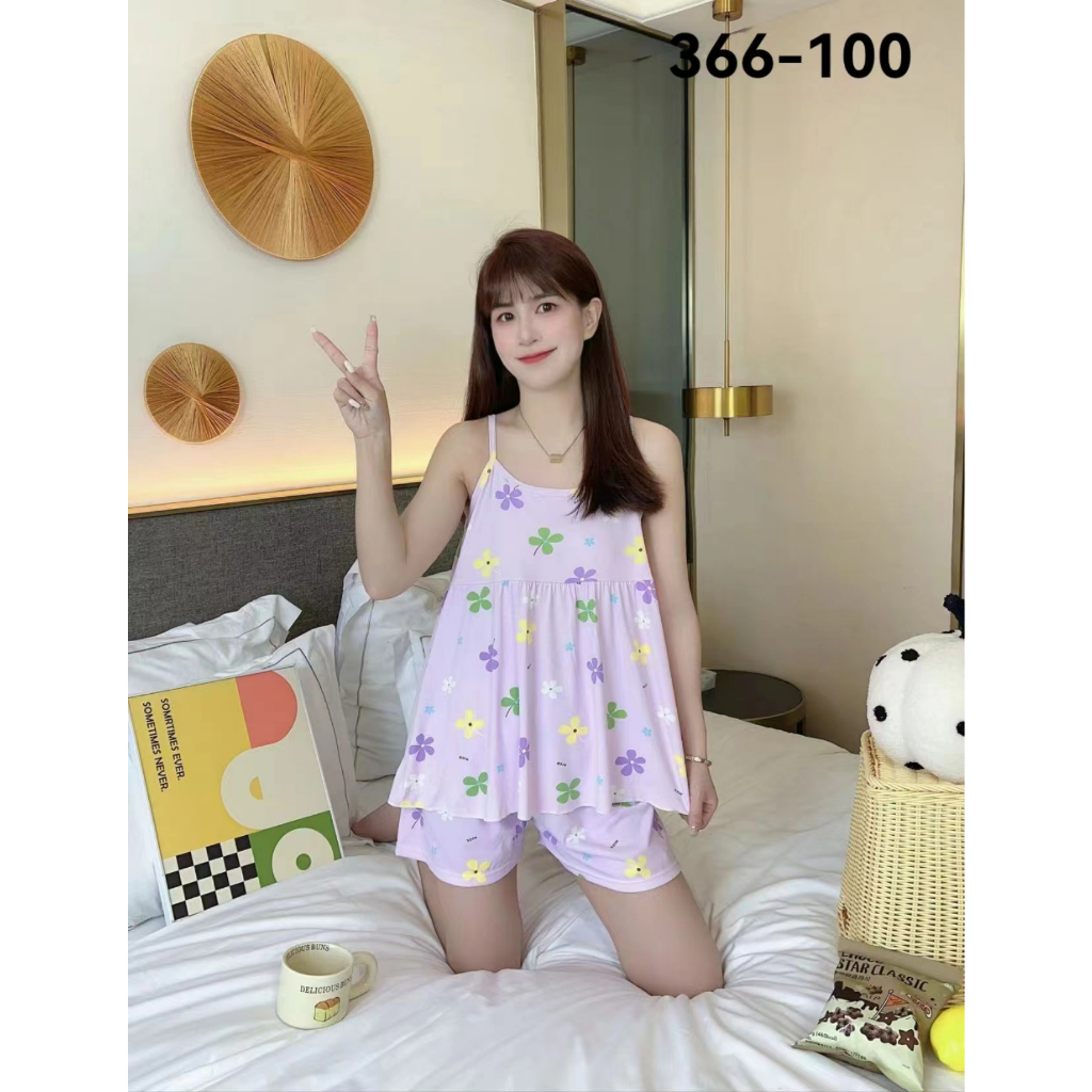 พิมพ์ลายน่ารัก เซ็ตชุดนอนกางเกงขาสั้น ชุดนอนหลวมๆ ของผู้หญิง ที่สาวอ้วนก็ใส่ได้ ลายน่ารักๆ ผ้า ...