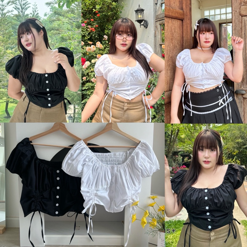 เสื้อครอปแขนตุ๊กตา เสื้อครอปสาวอวบ อก40-52นิ้ว plussize (มีไซซ์) | Shopee Thailand